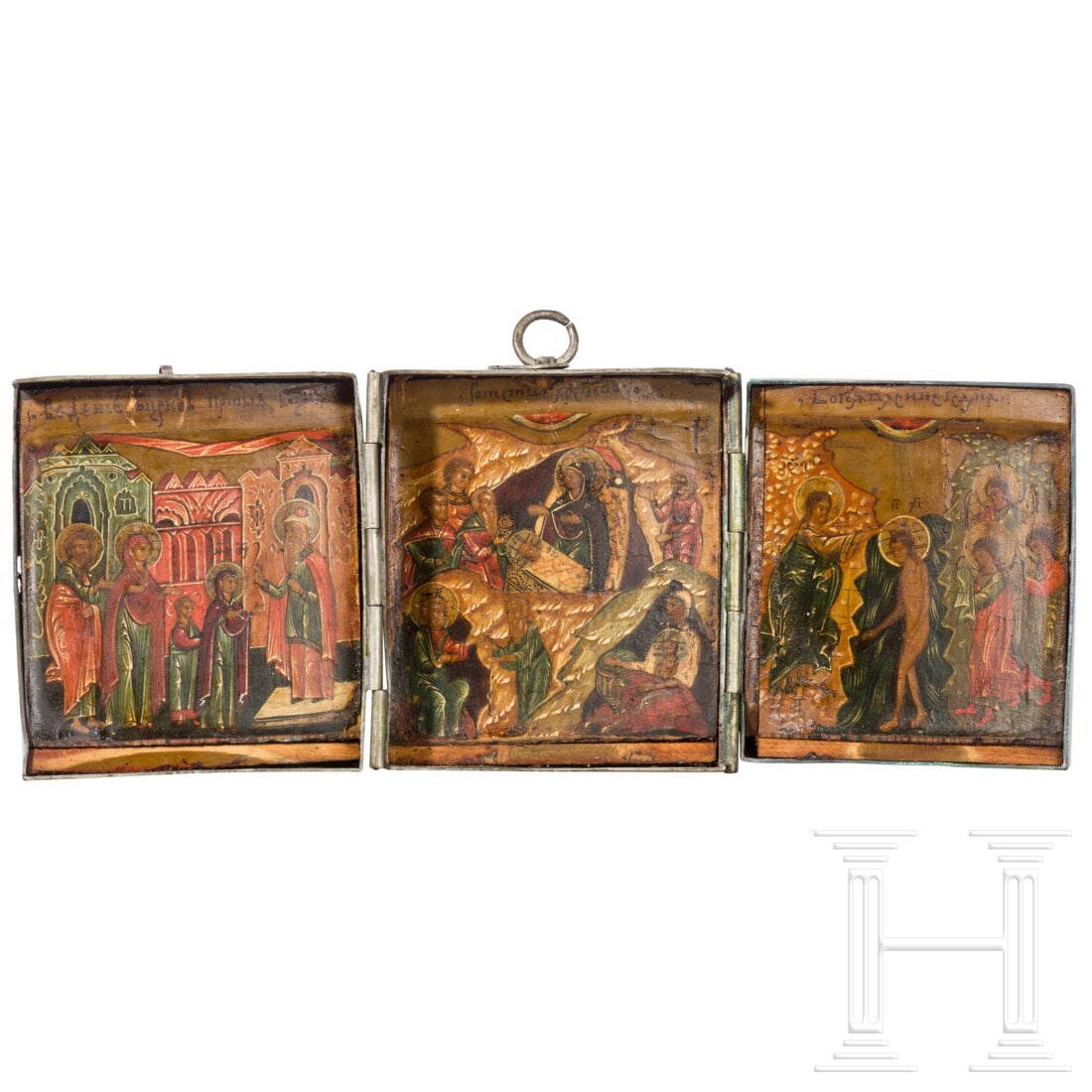 A Russian Silver-mounted Travelling Triptych-icon Showing The Nativity Of Christ, The ...
