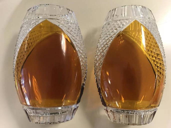Pair Of Bohemian Amber Cut To Clear Crystal Vases