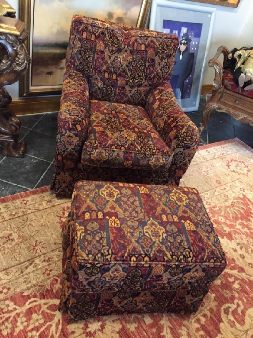 MID CENTURY BURGUNDY BROCADE STUFFED CHAIR OTTOMAN