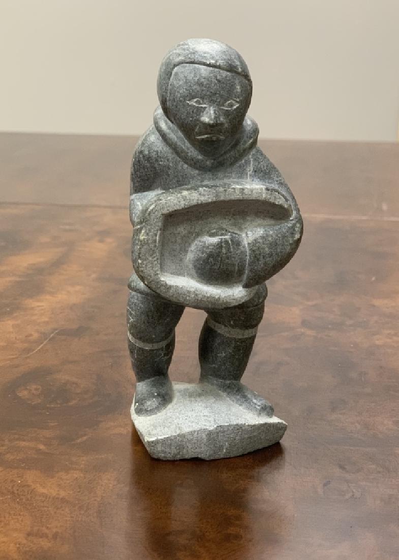 SIGNED INUIT SOAPSTONE CARVING ESKIMO WITH SHIELD