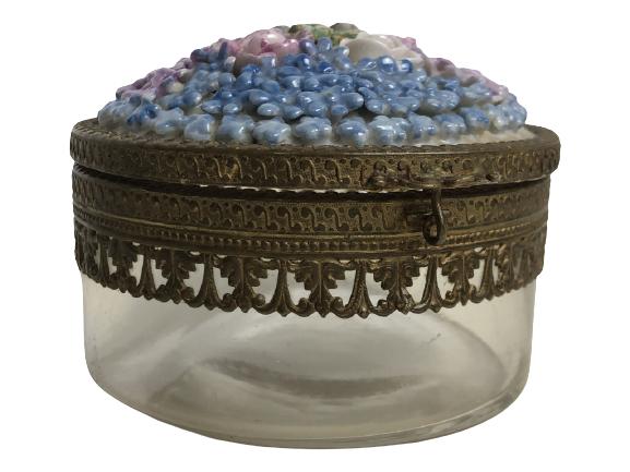 Vtg Round Glass Box With Porcelain Floral Lid