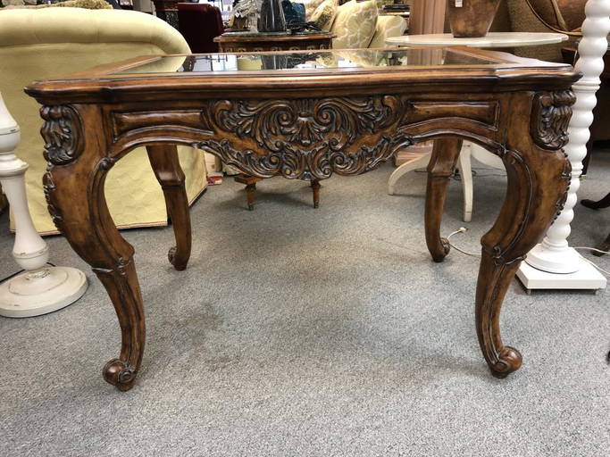 Intricrately Carved Wood Endtable With Glass Top