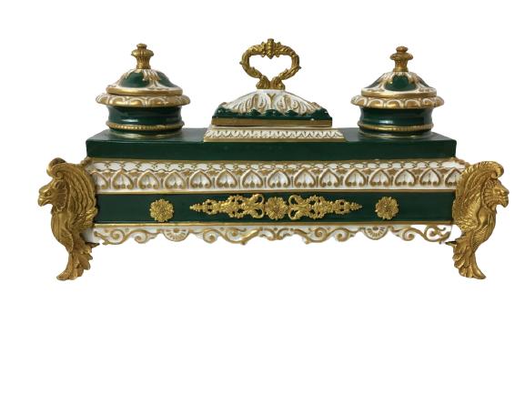 Antique M. Imp De Sevres Porcelain Inkwell 11"