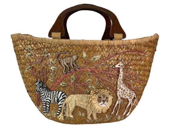 Vtg Cappelli Straw Handbag Safari Animal Purse