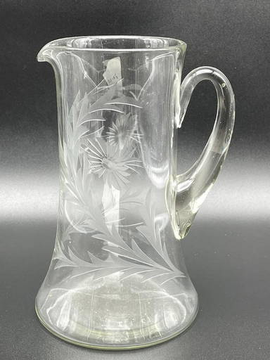 Vintage Etched Glass Floral Pitcher 9"
