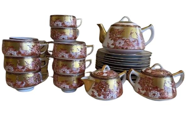 Japanese Maroon & Gold Gilt Peacock Tea Set