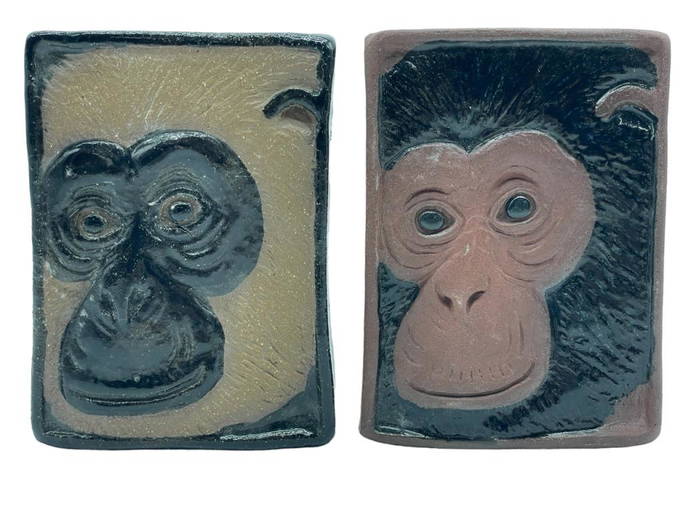Pair Of Mid Century Terracotta Monkey Plaques 6"