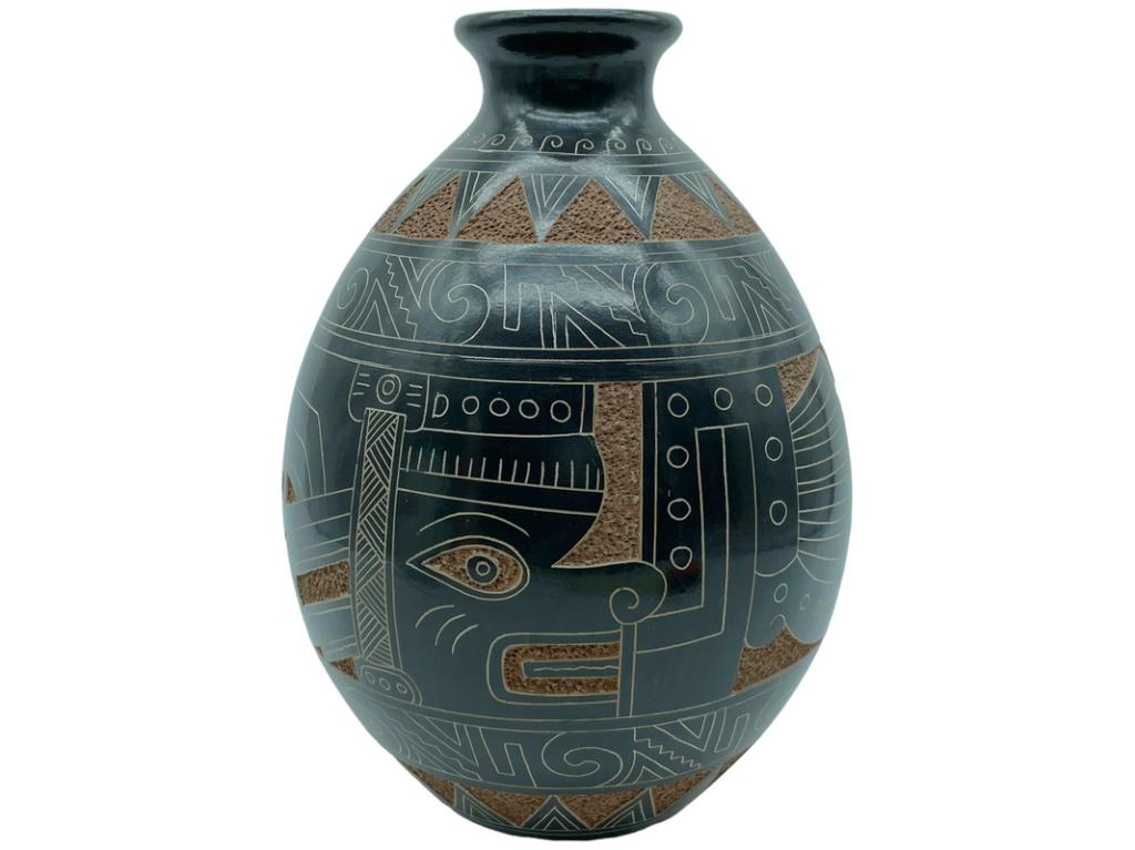 Signed Teodulo Potosme Craved Vase 10" Auction