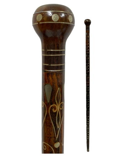 Vintage Carved Wood Mother Of Pearl Inlay Cane 34"