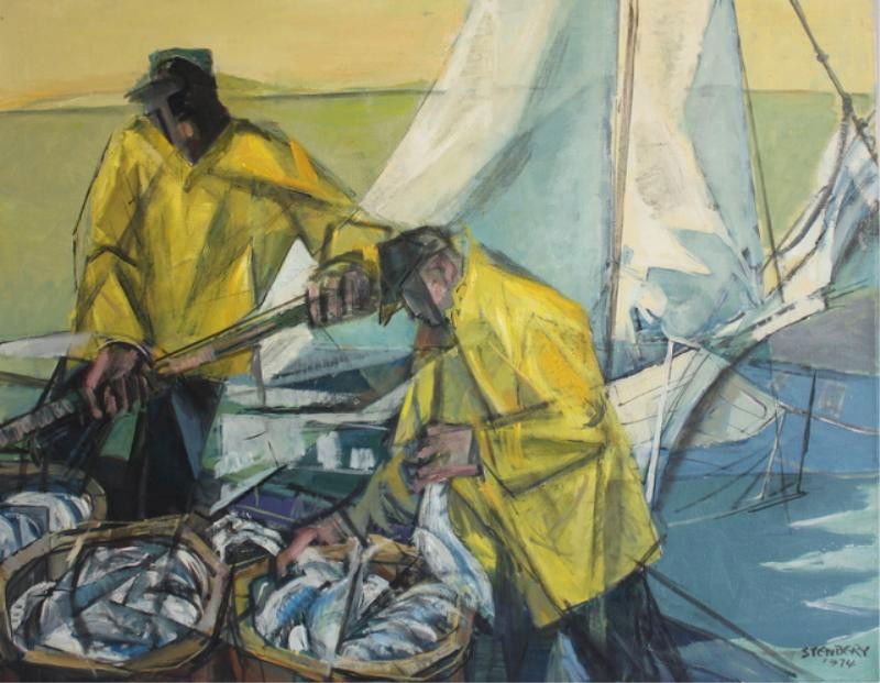 Stenbery, Algot. 1947 Modernist O/c Of Fishermen.