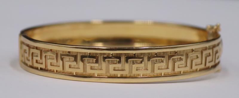 Jewelry. 14k Gold Greek Key Hinged Bracelet.