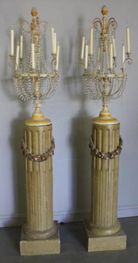 Pair Of Tole & Wood Lamps And Pedestals.