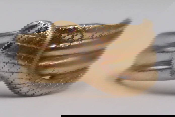 Jewelry. Signed 14kt Gold And Ruby Snake Ring. Auction