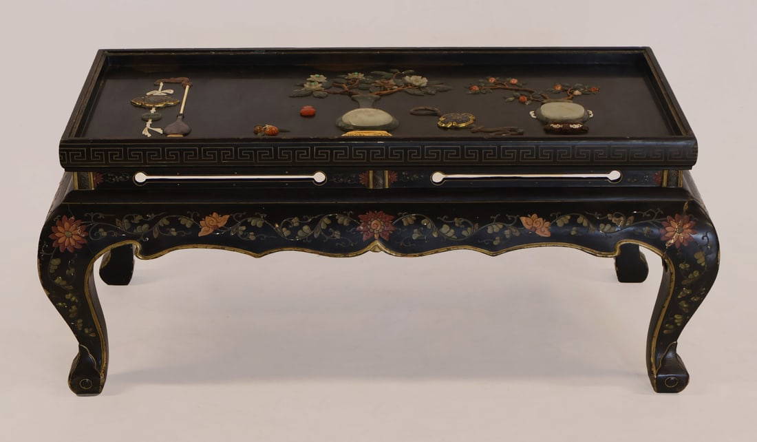 Chinese Lacquered Table Display Inlay Inc. Jade. Auction