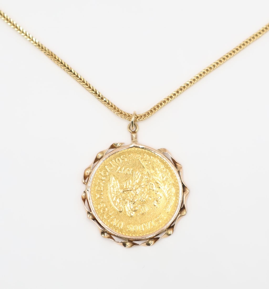 Jewelry. Mexican 20 Pesos Gold Pendant On A Auction