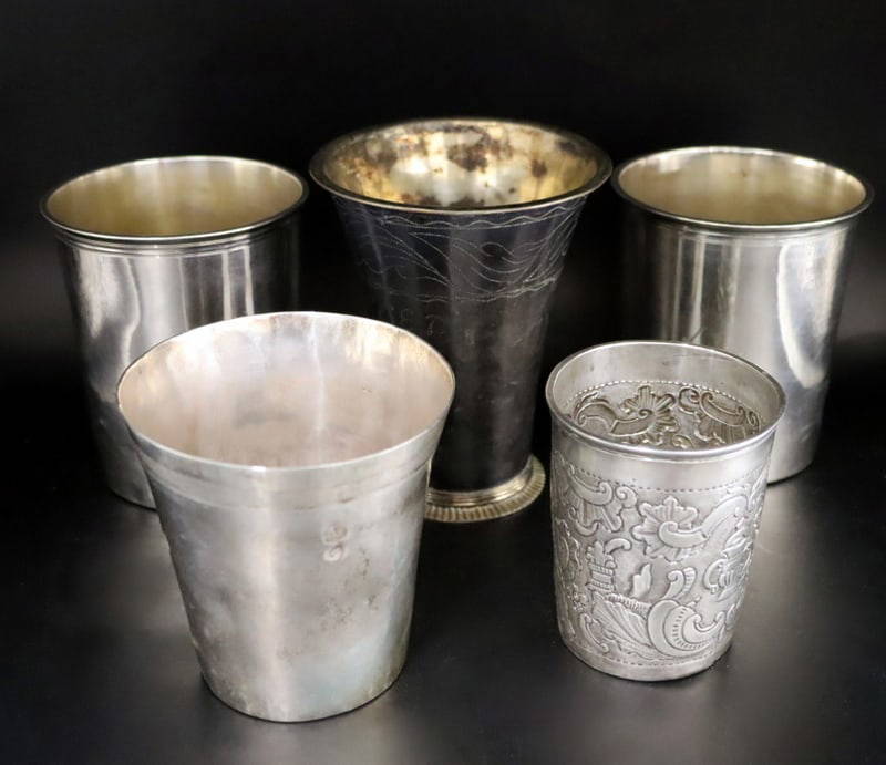 Silver. (5) Assorted Silver Beakers Incl. French & Auction
