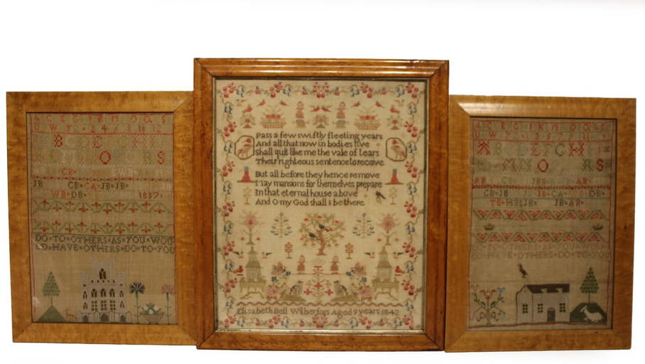 3 Framed Antique Needlepoint Samplers.