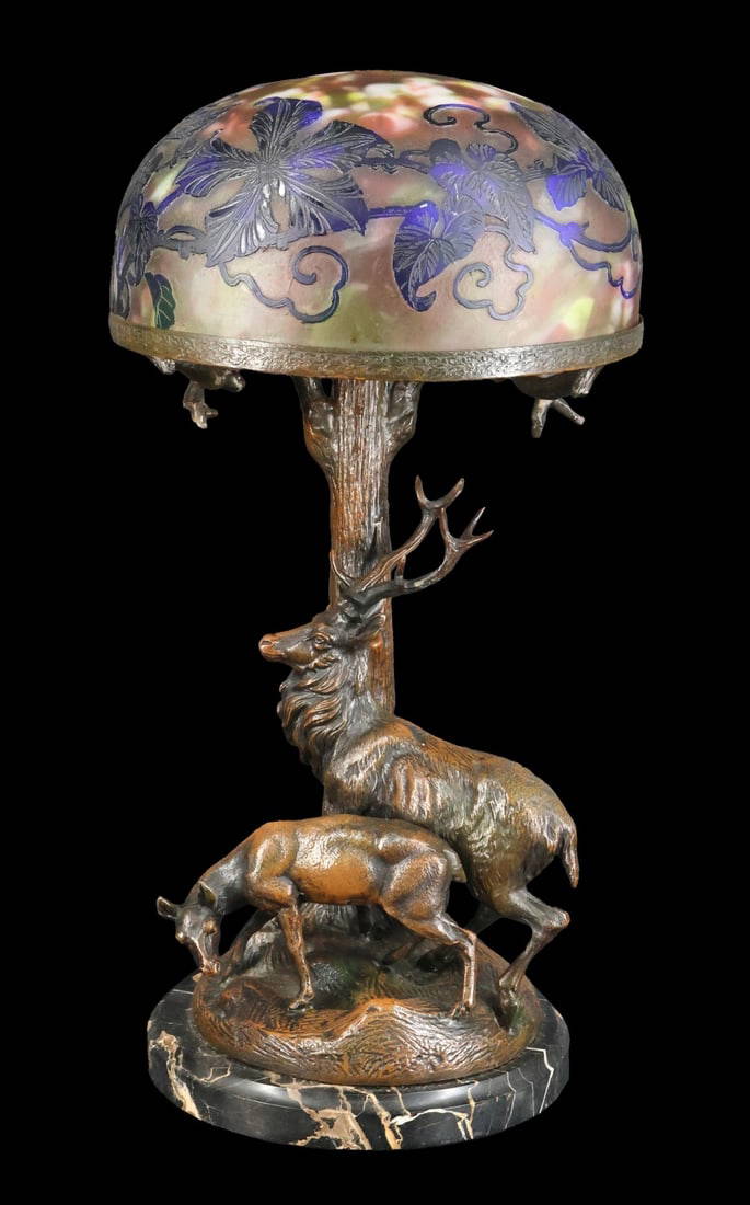 Bronze Stag Form Lamp With Glass Shade. Auction