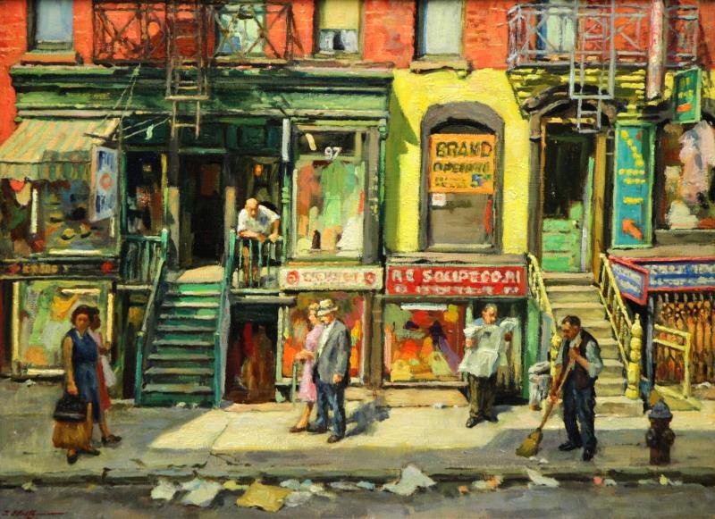HOLTZ, Isaac. Oil on Canvas "Sunday on Orchard St"