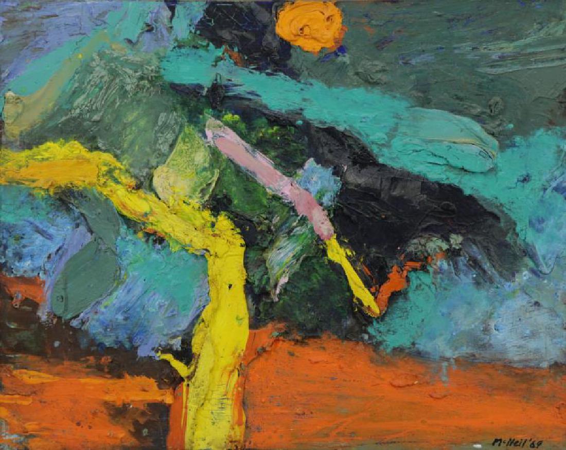 MCNEIL, George. Oil on Masonite "Landscape" 1969.