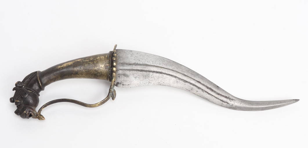 South Indian Brass Yali Hilted Recurve Dagger, 18th 19th C.