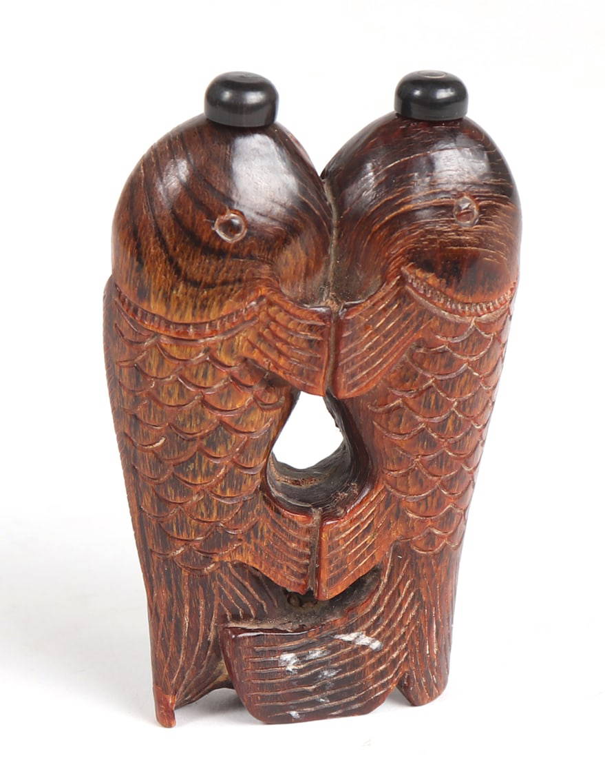 Chinese Double Fish Wood Snuff Bottle Auction