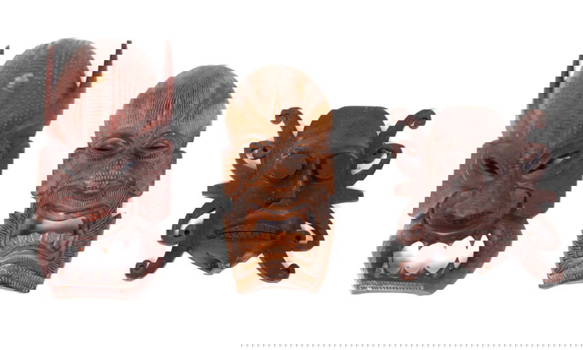 Group Of Tibetan And Dayak Wood Carved Masks