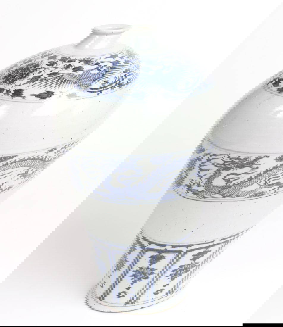 Ming Blue & White Dragon Meiping Porcelain Vase W/korean Aged Label Auction