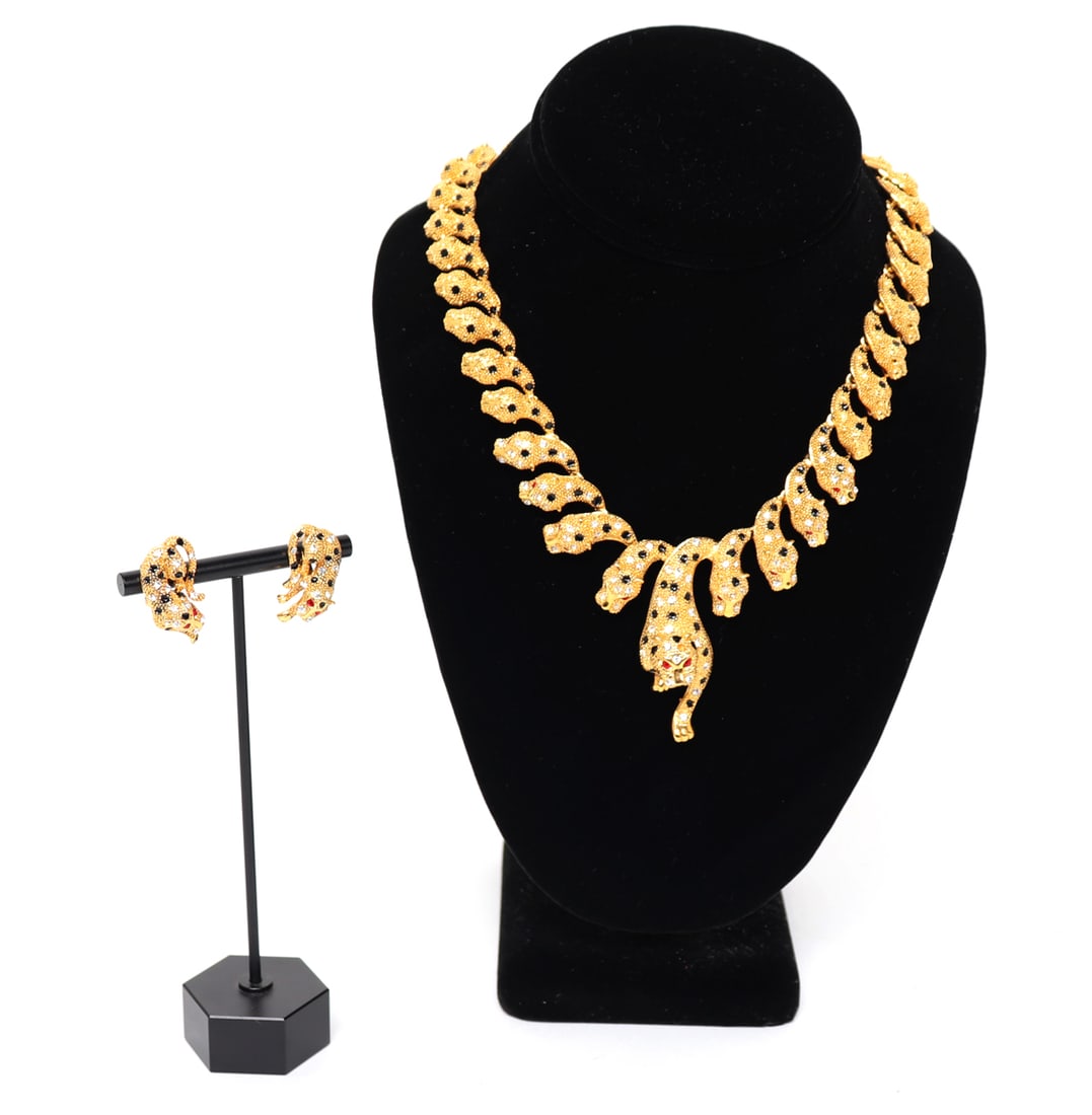 Cartier Style Jaguar Chain Necklace & Earrings Auction