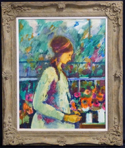 Donald Purdy Oil Painting On Board Lady W Flowers
