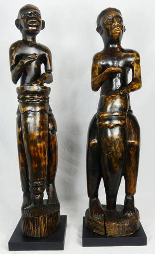 Pr Large African Carved Wood Drummer Figures