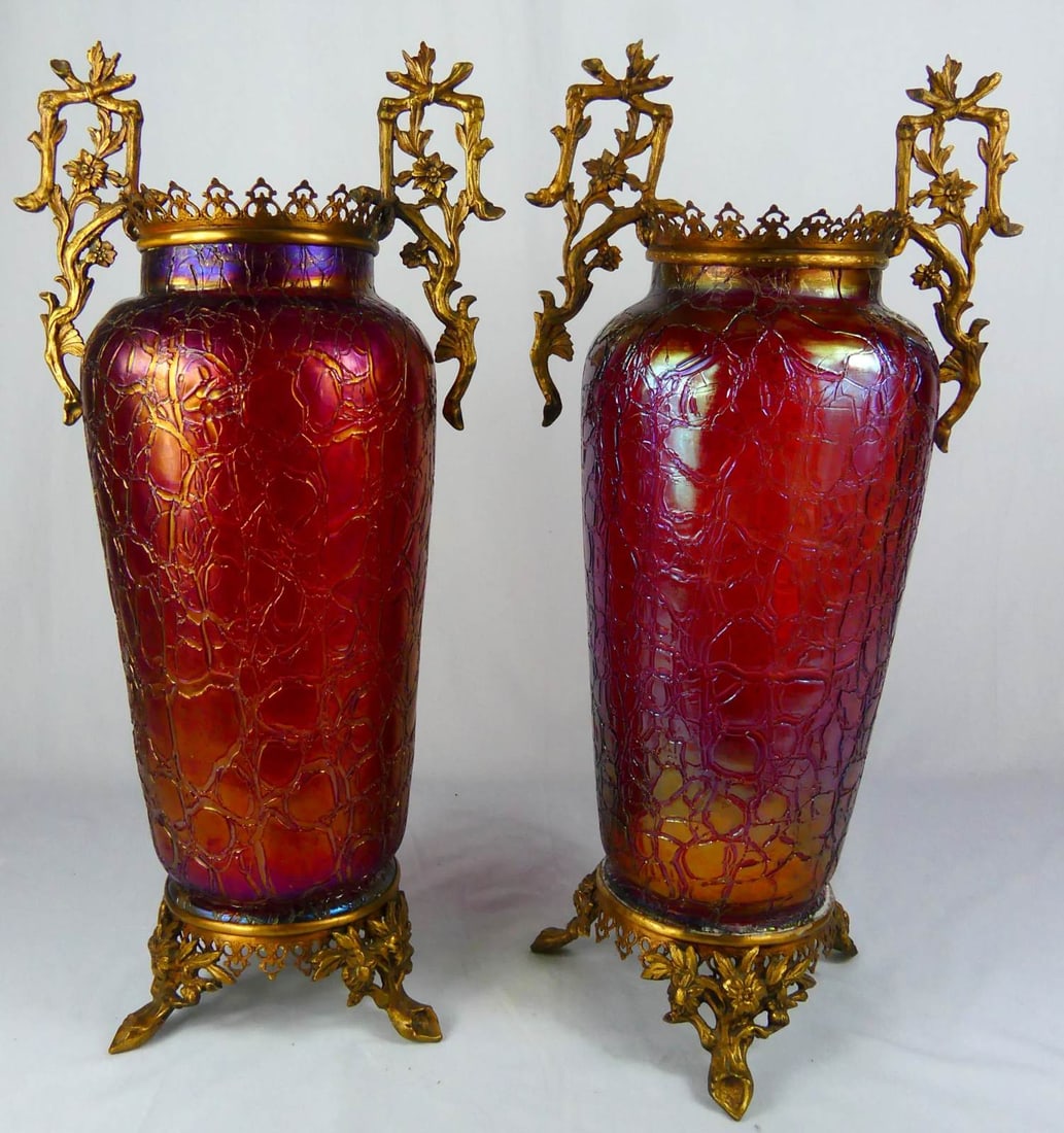 Pr Loetz Style Gilt-metal Mounted Glass Vases Auction