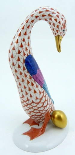 Herend Red Fishnet Porcelain Goose W Egg