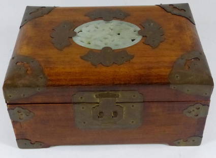 Chinese Wood Box With Jade Plaque