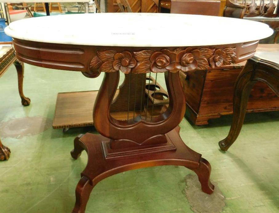 Marble Top Lyre Base Oval Table With Carvings Auction