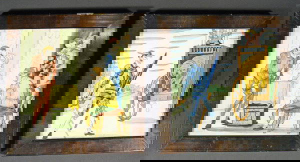 Two Spanish Pottery Tiles Handpainted With A Sword