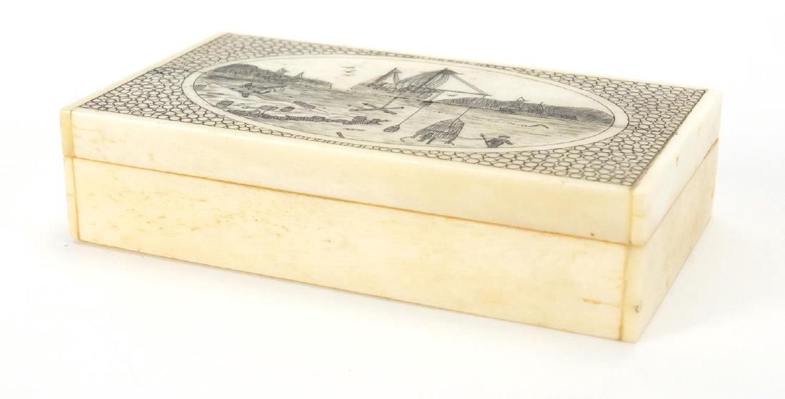 Rectangular scrimshaw style bone snuff box, the hinged