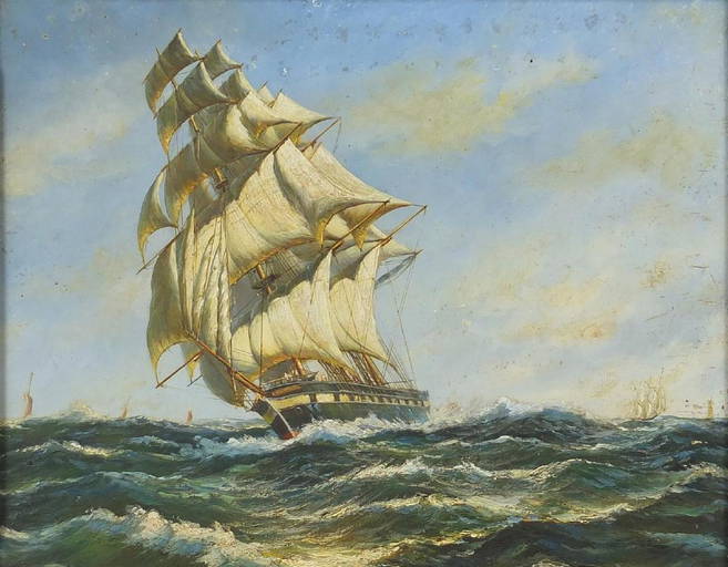 Ships In A Choppy Sea, Oil On Board, Bearing An Inscription Ships In A ...