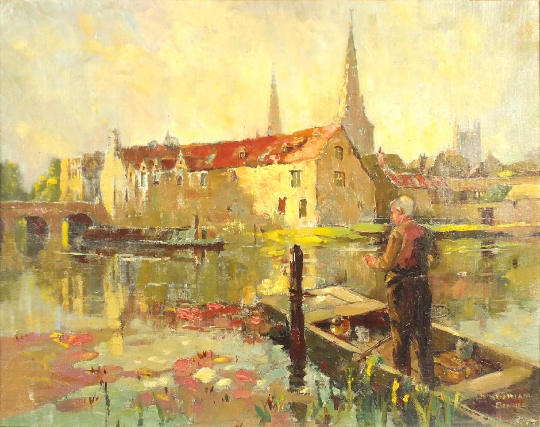 William Benner Fishing Before Town, Oil On Board,