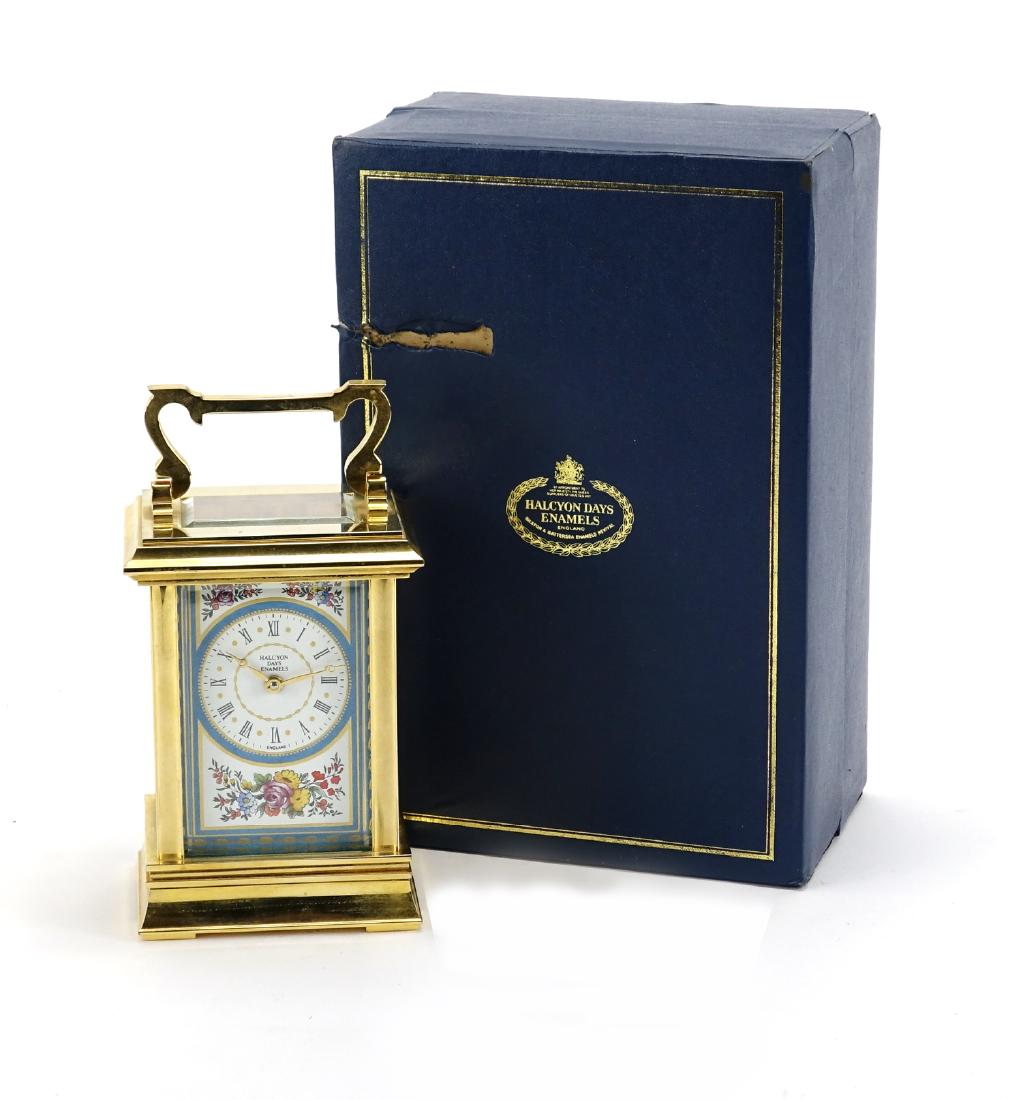 Halcyon Days enamel brass cased carriage clock, with