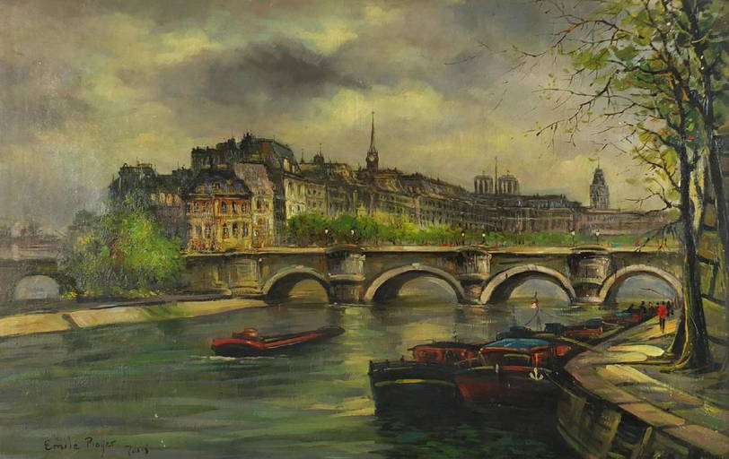 Manner Of Emile Boyer Paris River Scene, Oil On