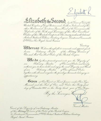 British Military Obe Certificate With Embosses Seal,