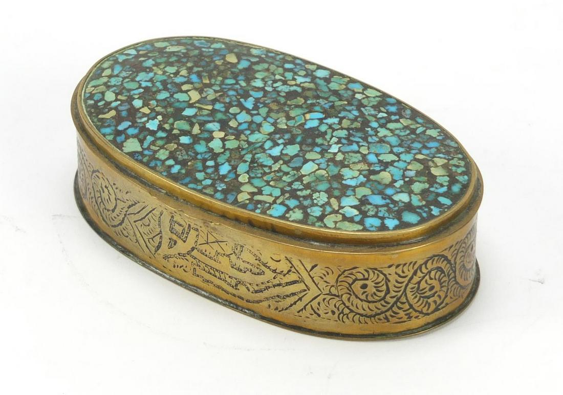 Antique Oval Brass Snuff Box Having A Hinged Lid Inlaid