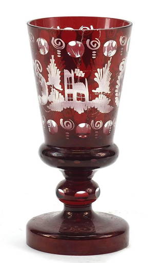 Bohemian Ruby Flashed Cut Glass Goblet Etched With Bird
