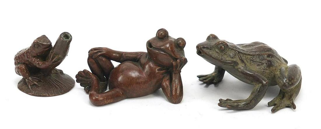 Three Japanese Patinated Bronze Frogs And Toads, The