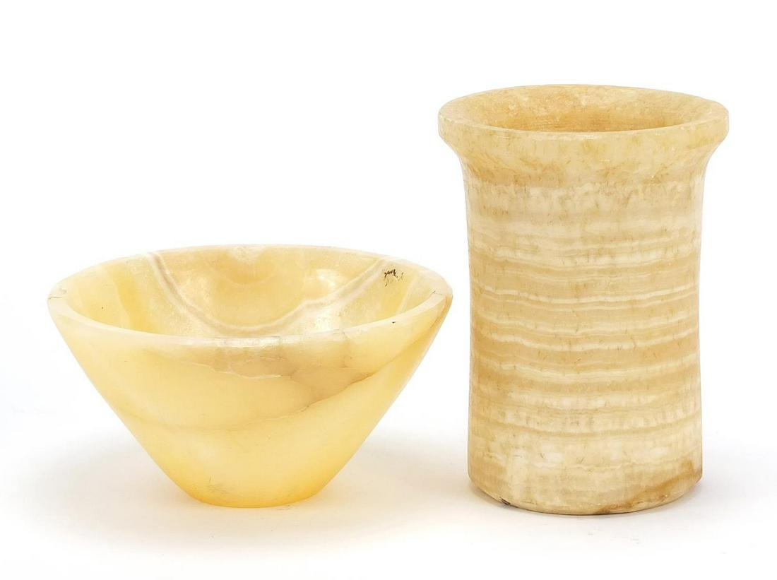 Egyptian Carved Alabaster Bowl And Cylindrical Vessel,