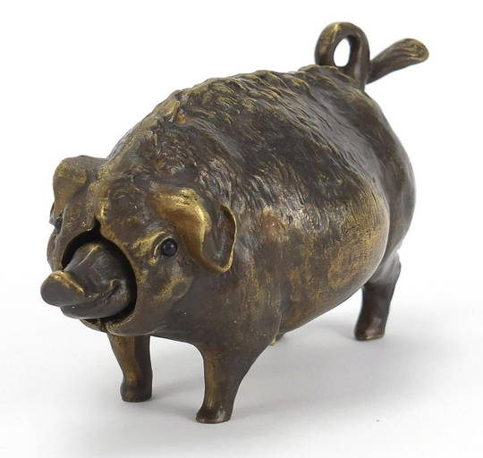 Patinated Bronze Boar Design Desk Bell, 16.5cm In