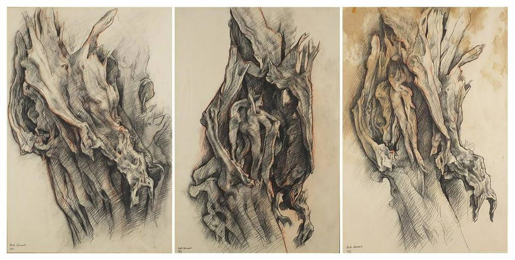 Keith Clements 1972 Trees, Set Of Three Crayon