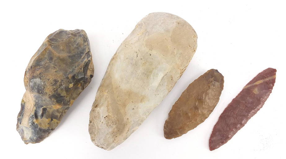 Four Antique Flint Axe Heads, The Largest 15.5cm In