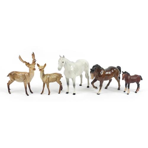 Five Beswick animals including a dapple grey horse, stag and doe, the ...